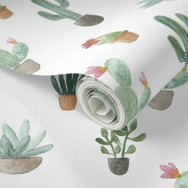 Spoonflower Potted Cacti Minimalist Watercolor Cactus Custom Pre-pasted Wallpaper - White,green,gray