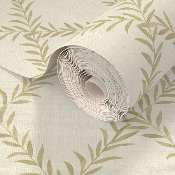 Spoonflower Erin Leafy Trellis Tan On Cream 100% Natural Sisal Grasscloth Wallcovering - Tan,beige