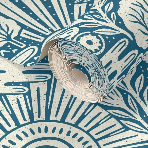 Spoonflower Sunrise Railway Inky Blue And Off White 100% Natural Sisal Grasscloth Wallcovering - Navy,blue