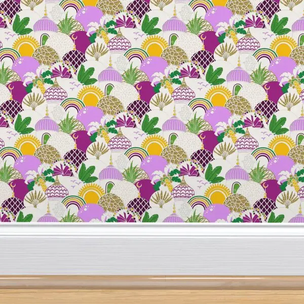 Spoonflower Holy Purple And Gold 100% Natural Sisal Grasscloth Wallcovering - Gold,yellow