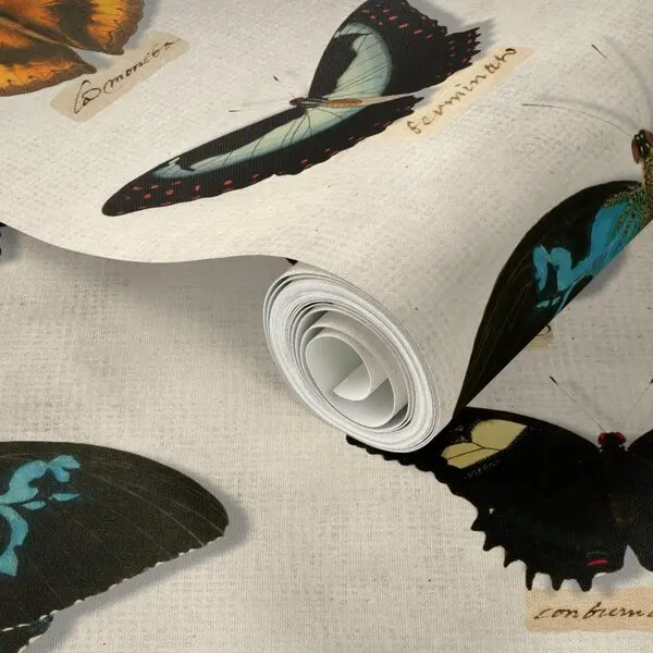 Spoonflower Old Butterflies Butterfly Collection Vintage Bug Custom Removable Wallpaper - Beige,black,brown