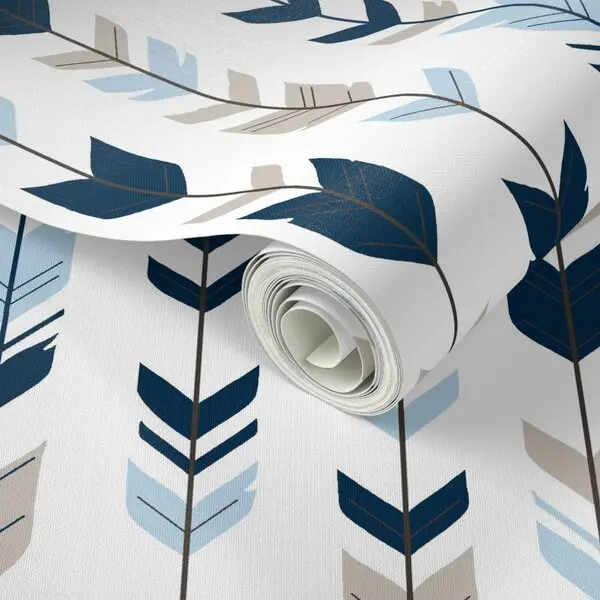 Spoonflower Arrow Feathers Baby White Arrows Navy Blue Tan Custom Removable Wallpaper - Blue,gray