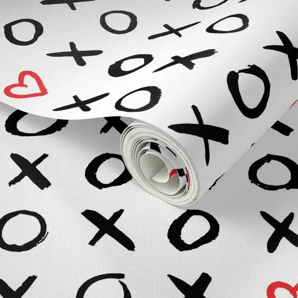Spoonflower Xoxo Black And White Valentine Day Hearts Red Custom Removable Wallpaper - Black,white,gray