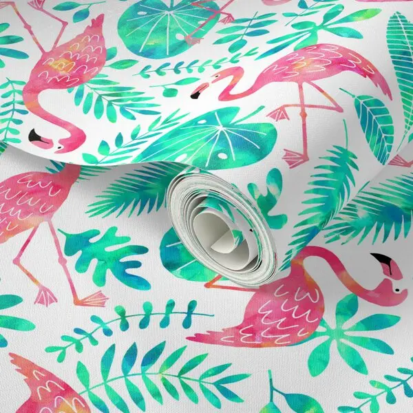 Spoonflower Flamingo Jungle Watercolor White Mint Bird Pink Custom Pre-pasted Wallpaper - Pink,green,teal