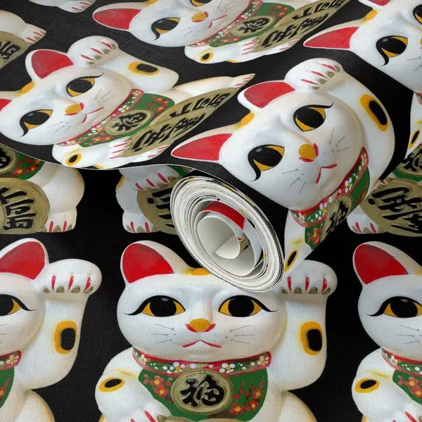 Spoonflower Cat White Maneki Neko J Japanese Chinese Good Traditional Wallpaper - Green,gray,red