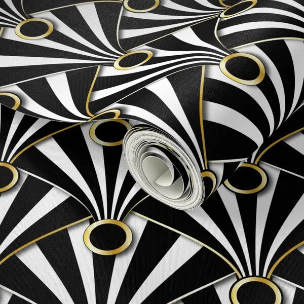 Spoonflower Art Deco Black White Geometric Gold Ornament Custom Removable Wallpaper - Black,white,gray