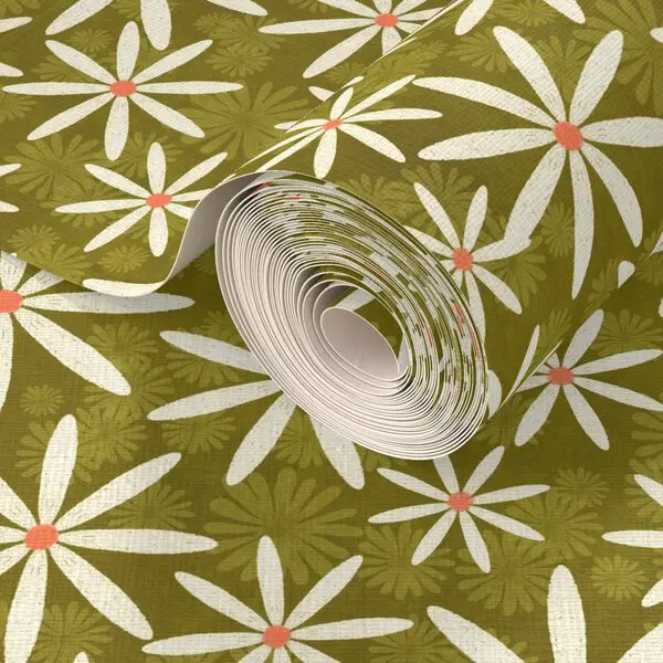 Spoonflower Ditsy Daisy Moss Large 100% Natural Sisal Grasscloth Wallcovering - Green