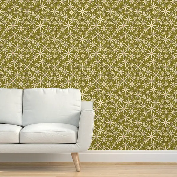Spoonflower Ditsy Daisy Moss Large 100% Natural Sisal Grasscloth Wallcovering