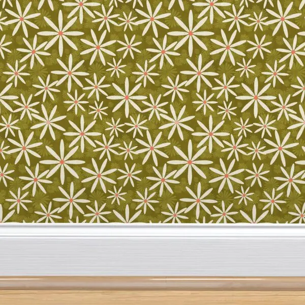 Spoonflower Ditsy Daisy Moss Large 100% Natural Sisal Grasscloth Wallcovering