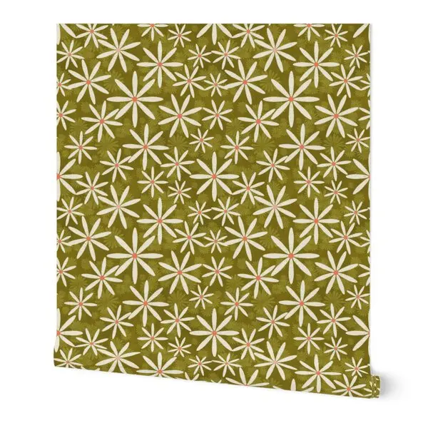 Spoonflower Ditsy Daisy Moss Large 100% Natural Sisal Grasscloth Wallcovering