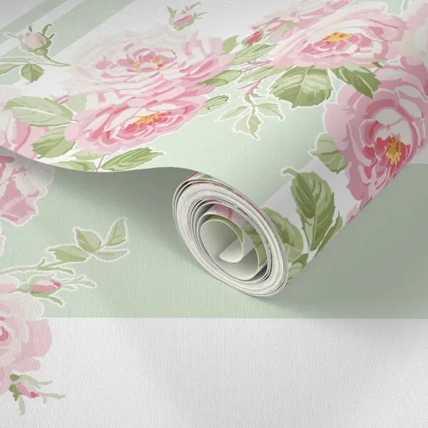 Spoonflower Day Summer Roses Wreath Green White Pink Bee Custom Removable Wallpaper - Green,pink