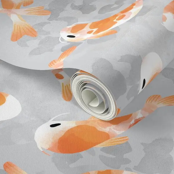 Spoonflower Japanese Koi Fish Cool Tone Custom Pre-pasted Wallpaper - Gray,orange,brown