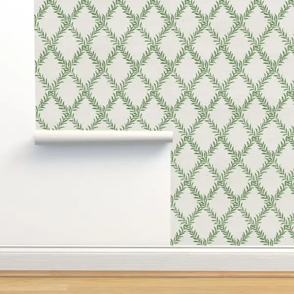 Spoonflower Erin Leafy Trellis On White 100% Natural Sisal Grasscloth Wallcovering