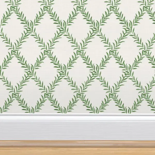 Spoonflower Erin Leafy Trellis On White 100% Natural Sisal Grasscloth Wallcovering