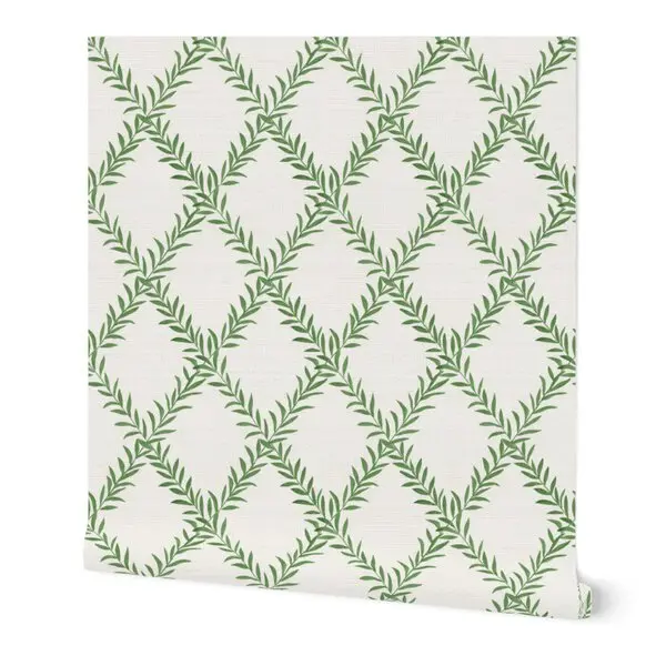 Spoonflower Erin Leafy Trellis On White 100% Natural Sisal Grasscloth Wallcovering