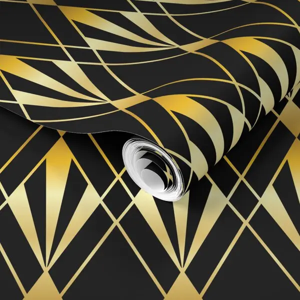 Spoonflower 1920s Pattern Art Deco Black Gold Diamonds Custom Removable Wallpaper - Black,gold,yellow