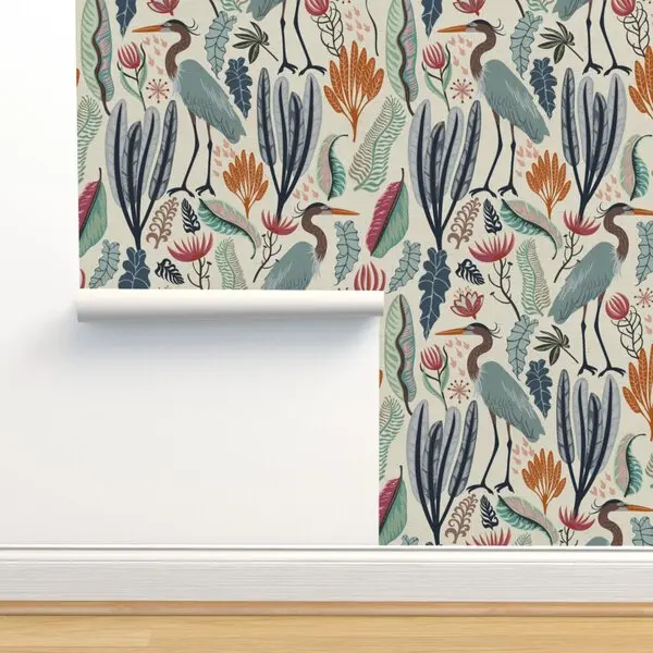 Spoonflower Heron And Plants Body Medium 100% Natural Sisal Grasscloth Wallcovering - Green