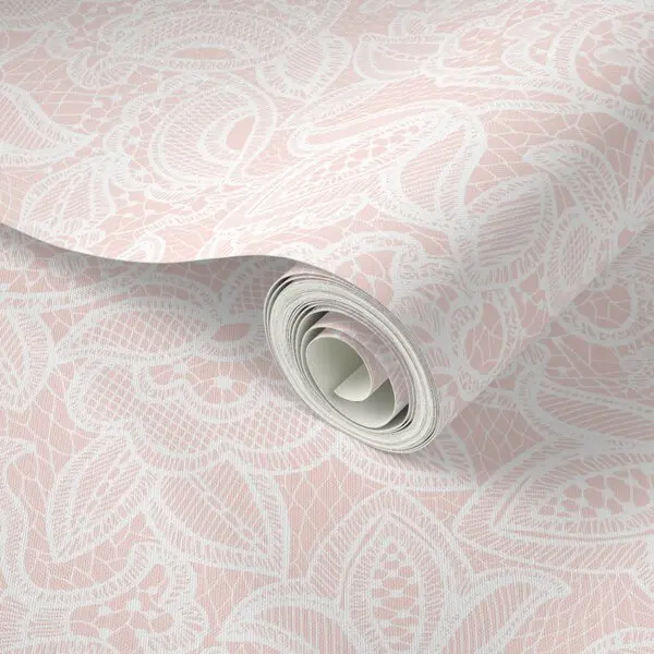 Spoonflower Light Pink Lace Custom Pre-pasted Wallpaper - Pink,gray