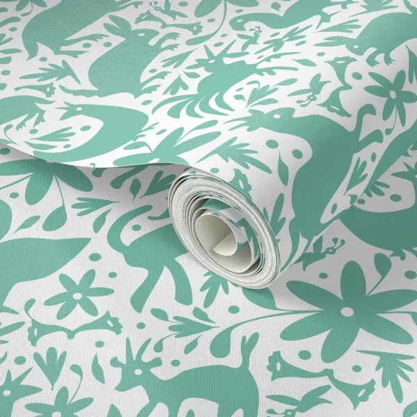Spoonflower Mexico Mint White Otomi Nature Springtime Animals Custom Removable Wallpaper - Blue,white,teal