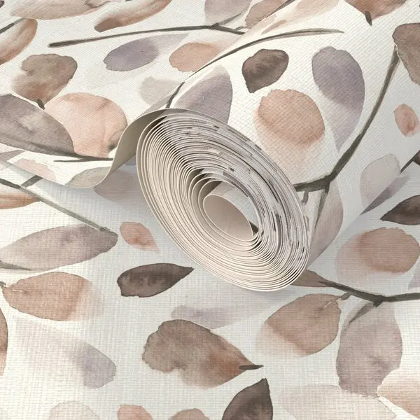 Spoonflower Faded Watercolor Leaves Neutral Coral 100% Natural Sisal Grasscloth Wallcovering - Pink,brown,gray