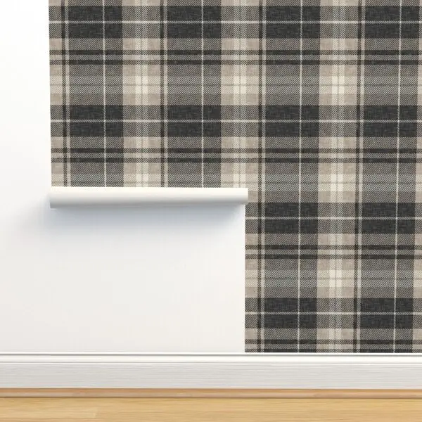 Spoonflower Fall Plaid In Charcoal Beige Lad21 100% Natural Sisal Grasscloth Wallcovering - Brown,gray