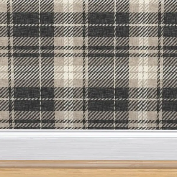 Spoonflower Fall Plaid In Charcoal Beige Lad21 100% Natural Sisal Grasscloth Wallcovering - Brown,gray