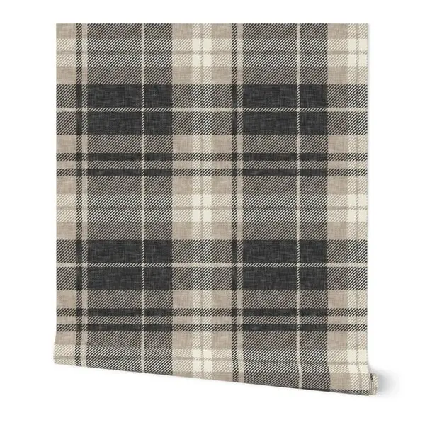 Spoonflower Fall Plaid In Charcoal Beige Lad21 100% Natural Sisal Grasscloth Wallcovering - Brown,gray