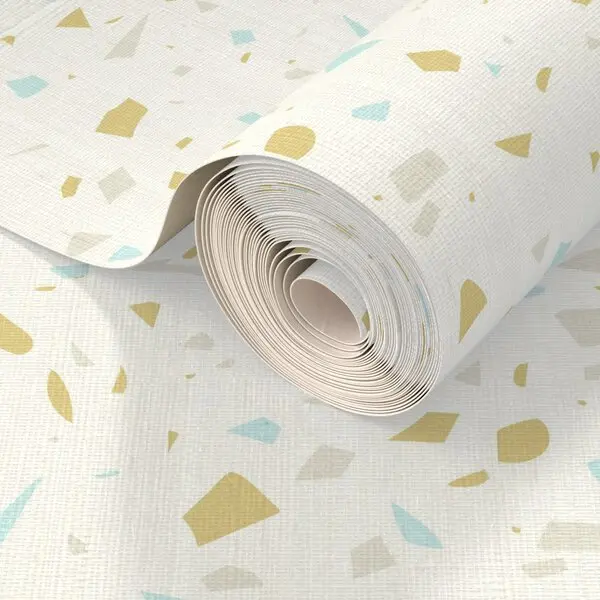Spoonflower Terrazzo White Beige Blue Gold Light And Modern 100% Natural Sisal Grasscloth Wallcovering - White,blue,gray