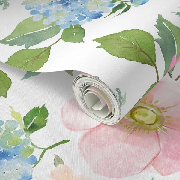 Spoonflower Blue And Pink Florals Green Leaves Custom Pre-pasted Wallpaper - Gray,teal,green