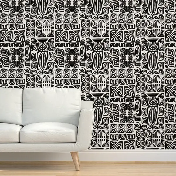 Spoonflower Tahiti Black & White 100% Natural Sisal Grasscloth Wallcovering