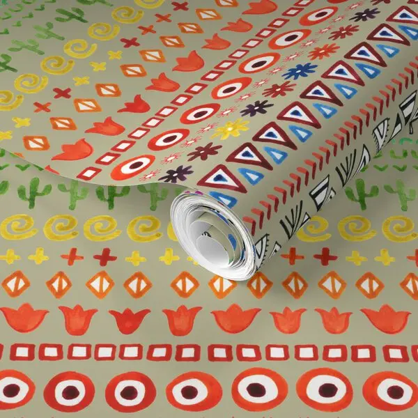 Spoonflower Bohemian Rainbow Taupe Geometric Floral Stripes Custom Removable Wallpaper - Red,beige,blue
