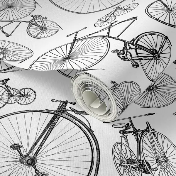 Spoonflower Antique Bikes Bicycles Vintage Black White Old Custom Removable Wallpaper - Black,white,gray