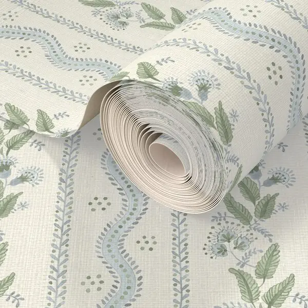 Spoonflower Emma Stripe Blue And Greens On 100% Natural Sisal Grasscloth Wallcovering - Cream