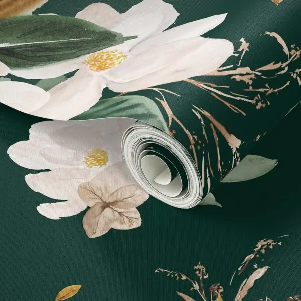 Spoonflower Flower Floral Magnolia White Gold Custom Removable Wallpaper - Green,beige,gray
