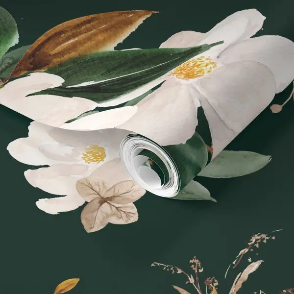 Spoonflower Flower Floral Magnolia White Gold Custom Pre-pasted Wallpaper - Green,beige,gray