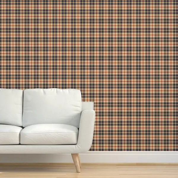 Spoonflower Fall Plaid Blue And Orange On Beige 100% Natural Sisal Grasscloth Wallcovering