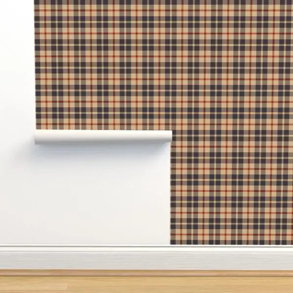 Spoonflower Fall Plaid Blue And Orange On Beige 100% Natural Sisal Grasscloth Wallcovering