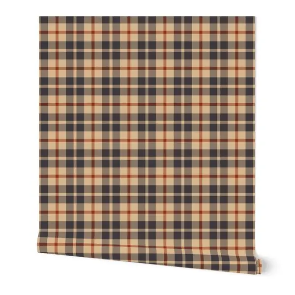 Spoonflower Fall Plaid Blue And Orange On Beige 100% Natural Sisal Grasscloth Wallcovering