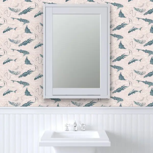 Spoonflower Pink Shark Octopus Crocodile Coral Whale Reef Custom Removable Wallpaper - Gray,blue