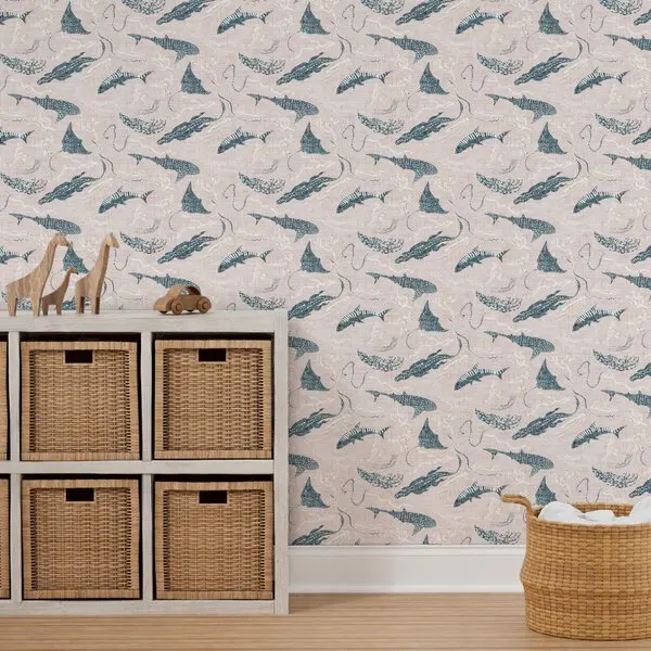 Spoonflower Pink Shark Octopus Crocodile Coral Whale Reef Custom Removable Wallpaper - Gray,blue