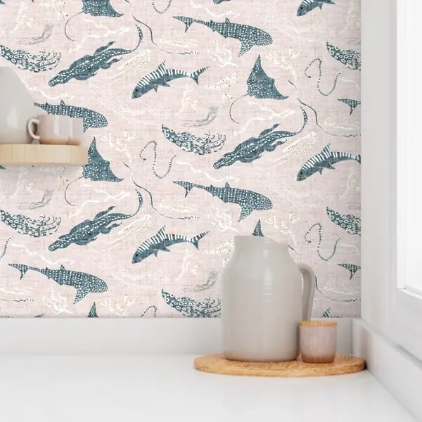 Spoonflower Pink Shark Octopus Crocodile Coral Whale Reef Custom Removable Wallpaper - Gray,blue