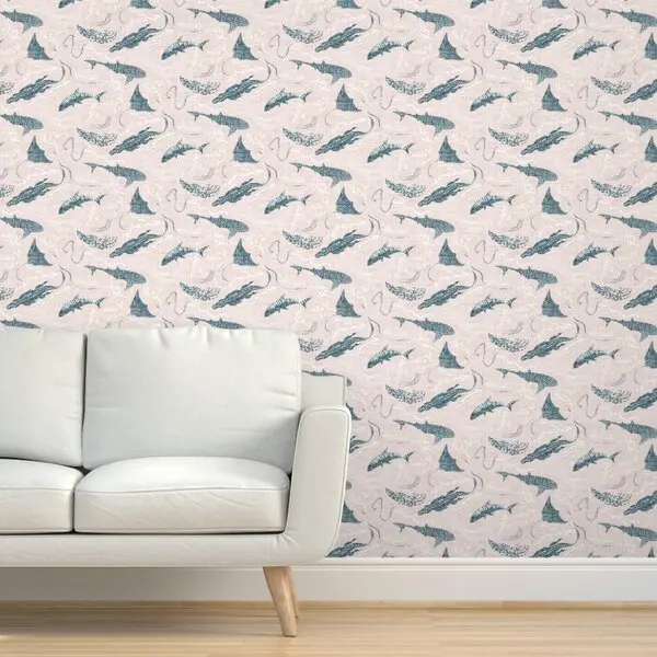 Spoonflower Pink Shark Octopus Crocodile Coral Whale Reef Custom Removable Wallpaper - Gray,blue