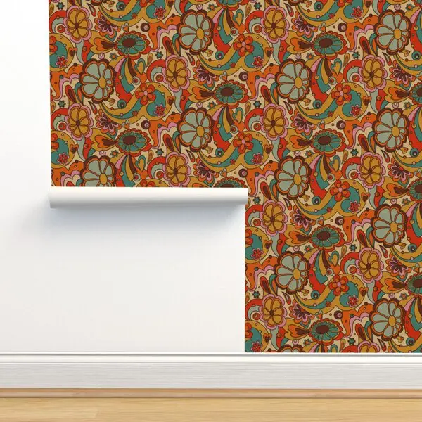 Spoonflower Hippie Florals Large Scale 100% Natural Sisal Grasscloth Wallcovering