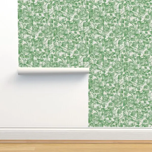 Spoonflower Green Fleurs 100% Natural Sisal Grasscloth Wallcovering