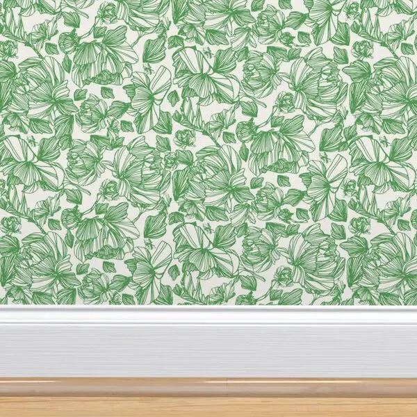 Spoonflower Green Fleurs 100% Natural Sisal Grasscloth Wallcovering