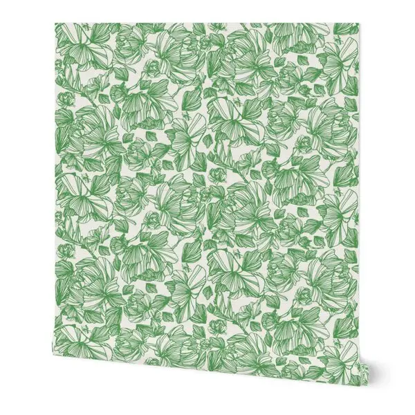 Spoonflower Green Fleurs 100% Natural Sisal Grasscloth Wallcovering