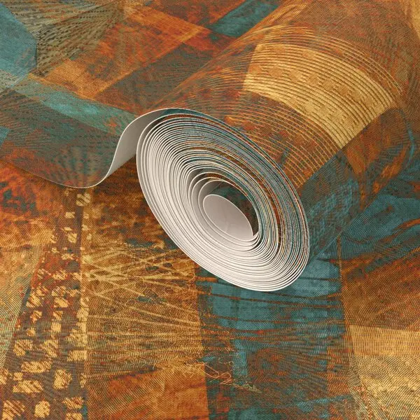 Spoonflower Farmland Copper Teal Rotate 100% Natural Sisal Grasscloth Wallcovering - Teal,blue