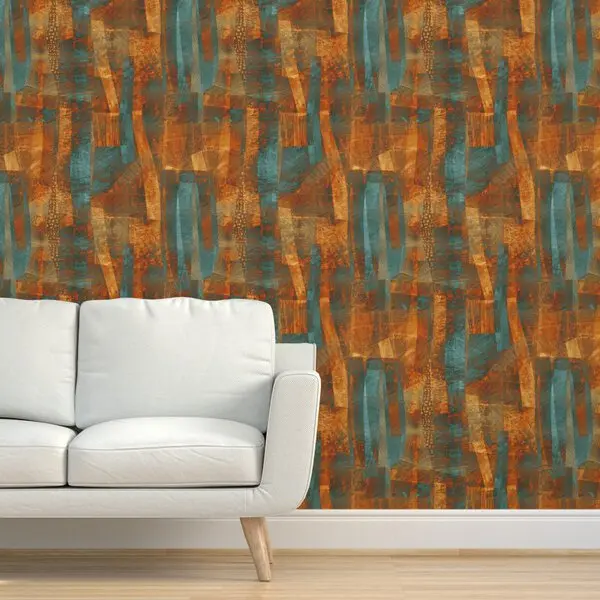 Spoonflower Farmland Copper Teal Rotate 100% Natural Sisal Grasscloth Wallcovering - Teal,blue