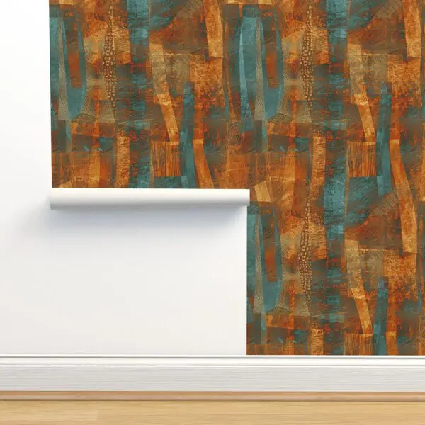 Spoonflower Farmland Copper Teal Rotate 100% Natural Sisal Grasscloth Wallcovering - Teal,blue