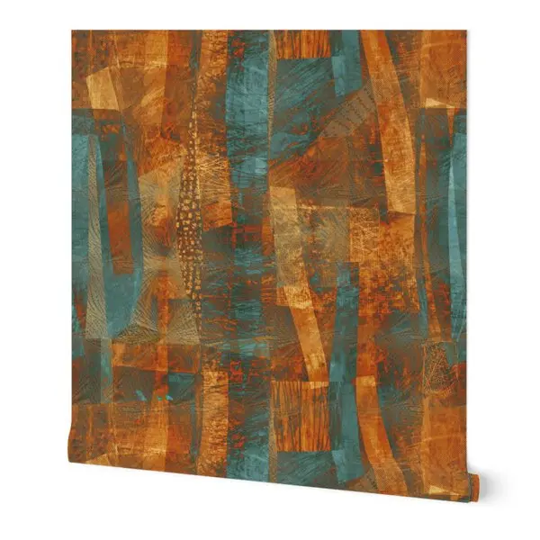 Spoonflower Farmland Copper Teal Rotate 100% Natural Sisal Grasscloth Wallcovering - Teal,blue